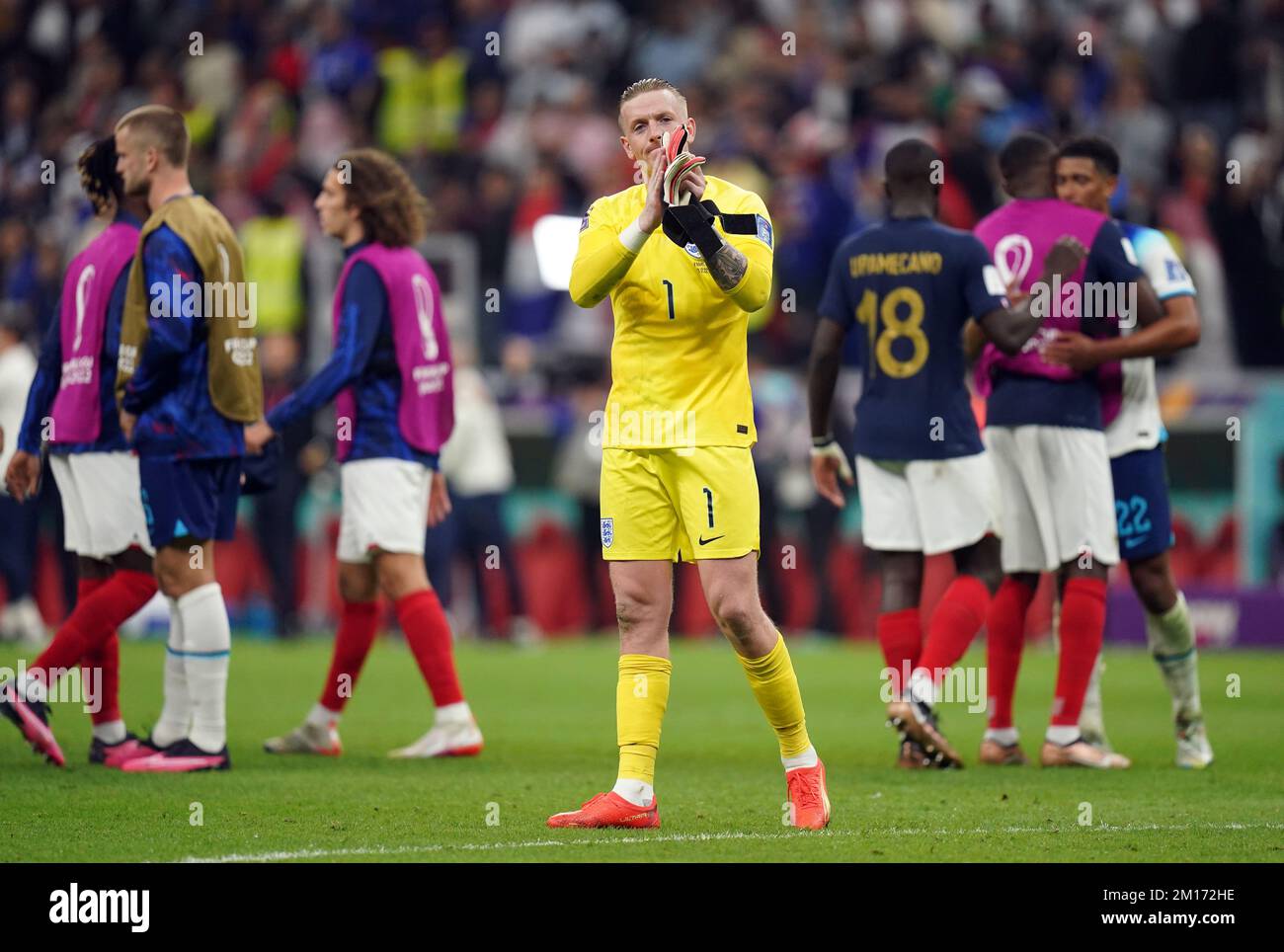 England goalkeeper Jordan Pickford stands dejected following the FIFA ...