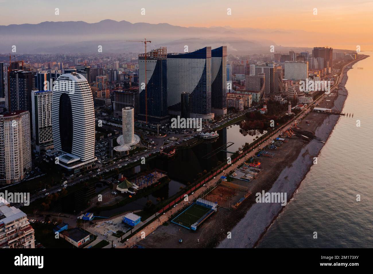 Drone aerial panoramic view of evening sinset at modern part of Batumi City, Georgia Stock Photo ...