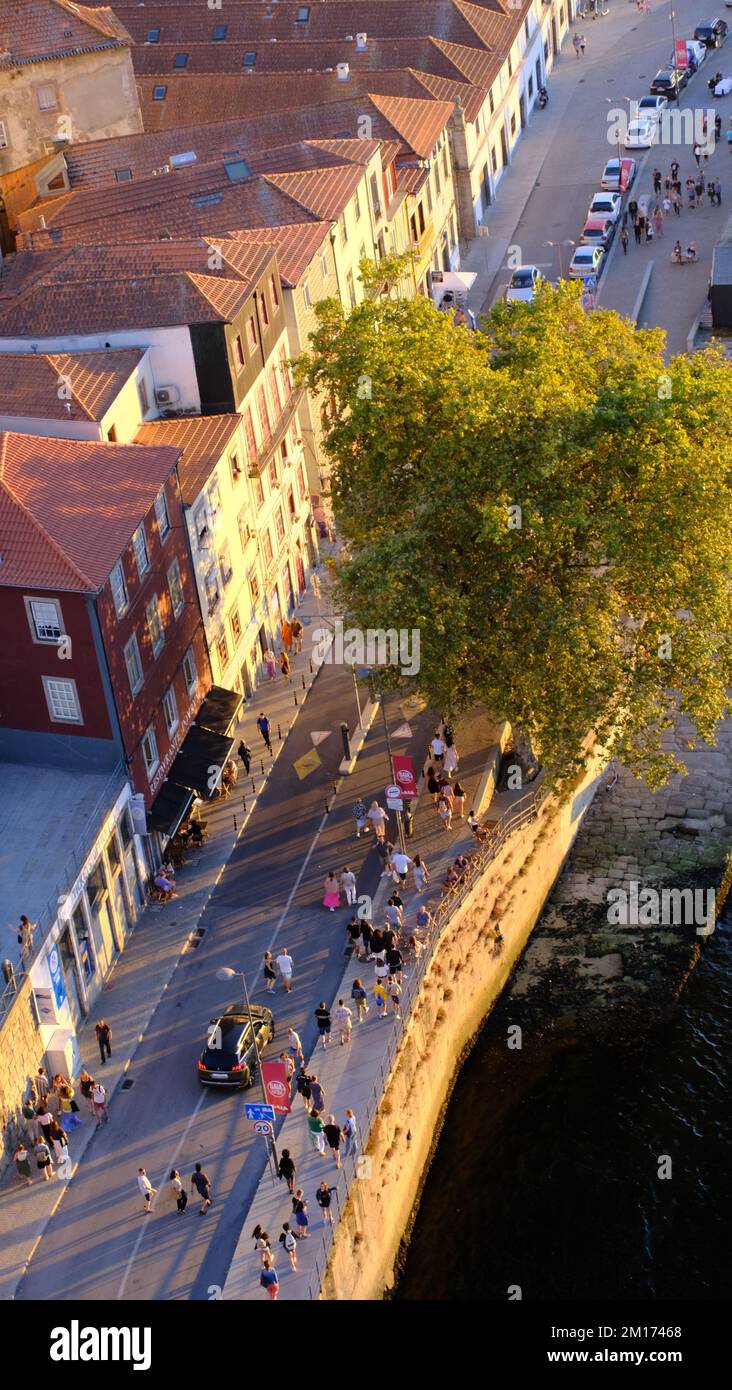 An aerial vertical shot of a street with a building on the side in ...
