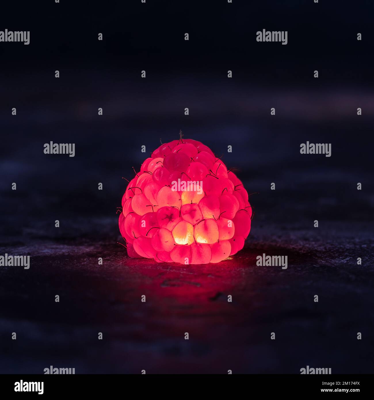 isolated illuminated raspberry on dark slate background. view from ...