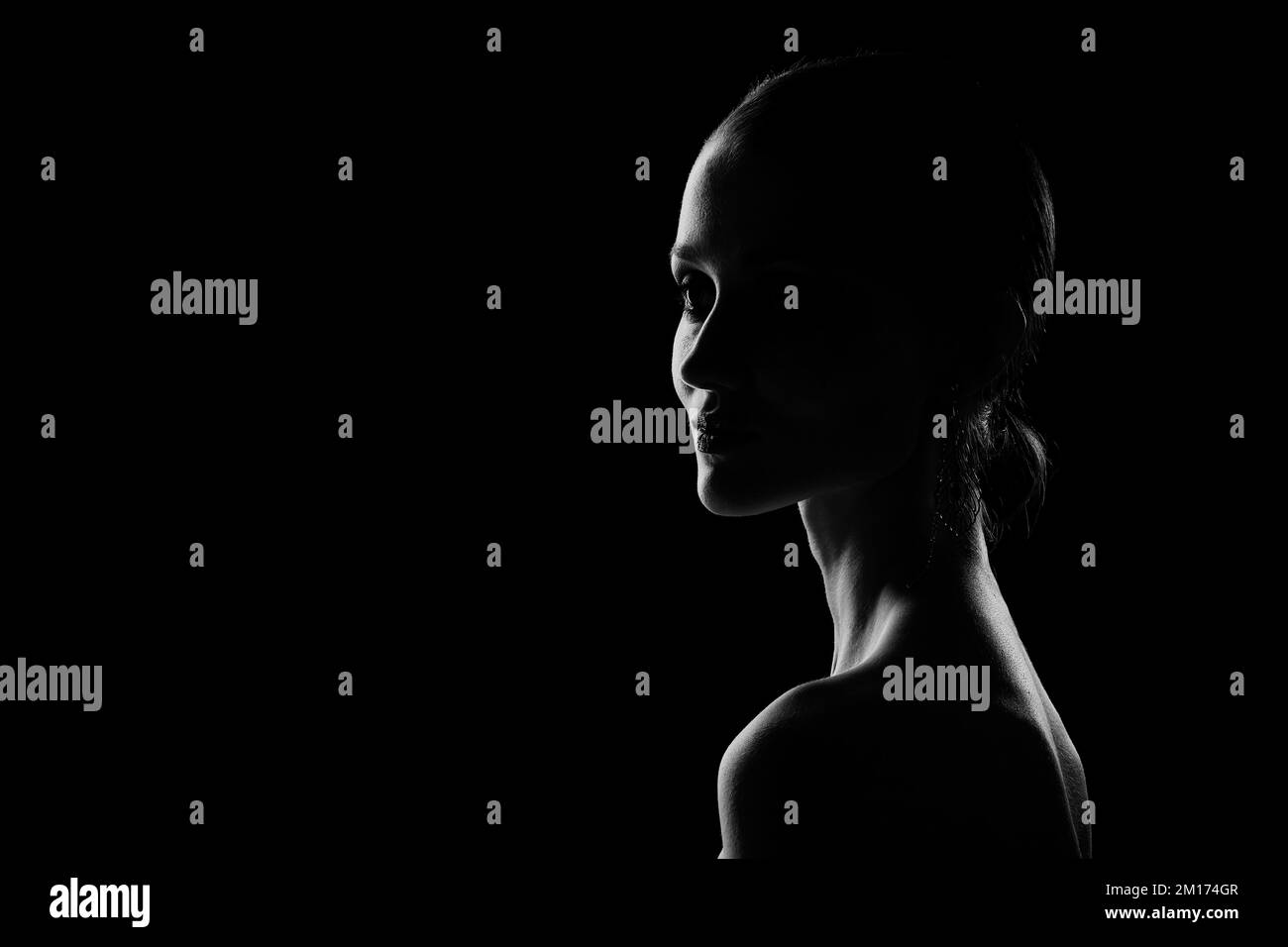 beautiful woman profile silhouette on back background with copy space ...