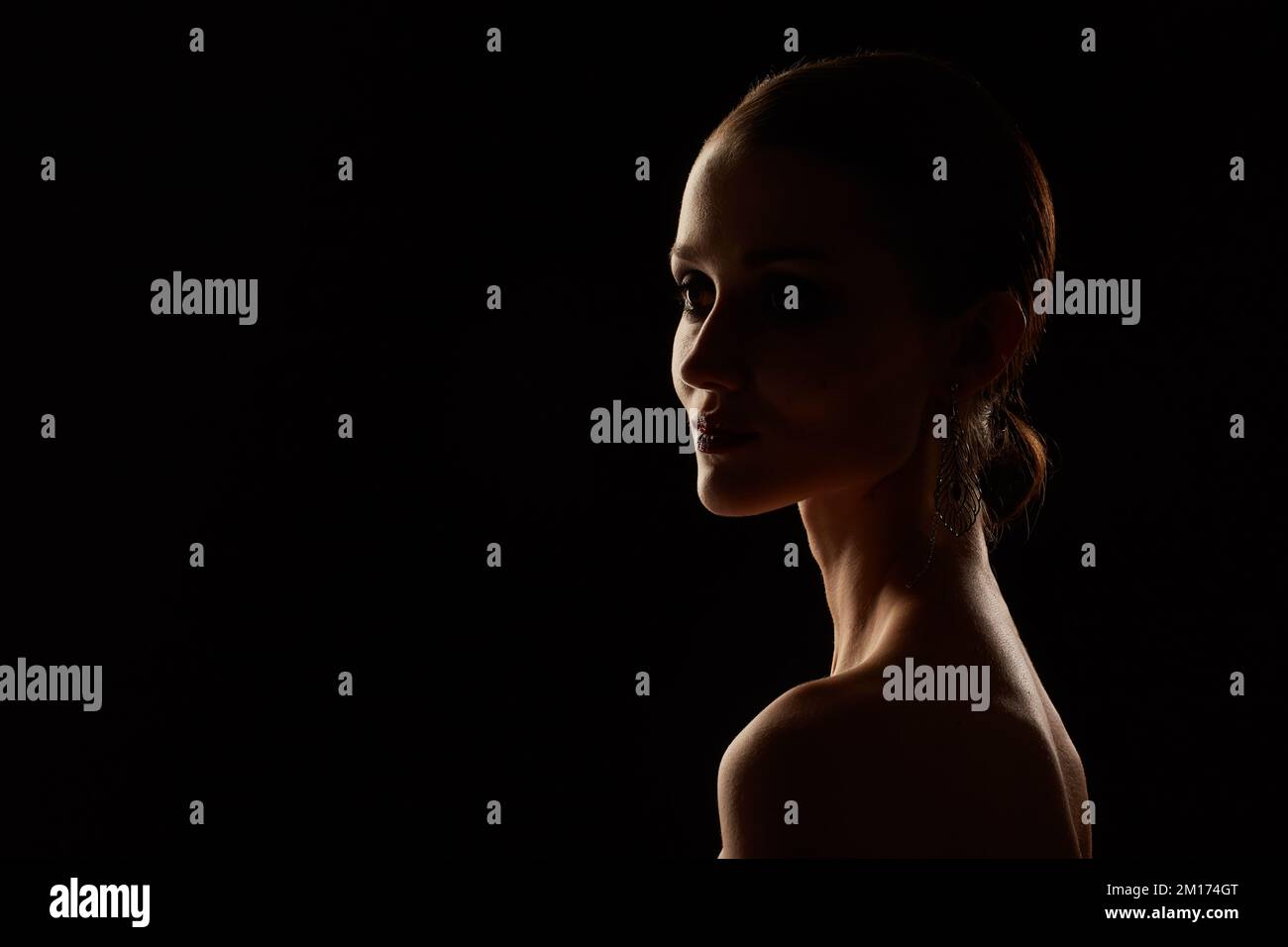 beautiful woman profile silhouette on back background with copy space ...