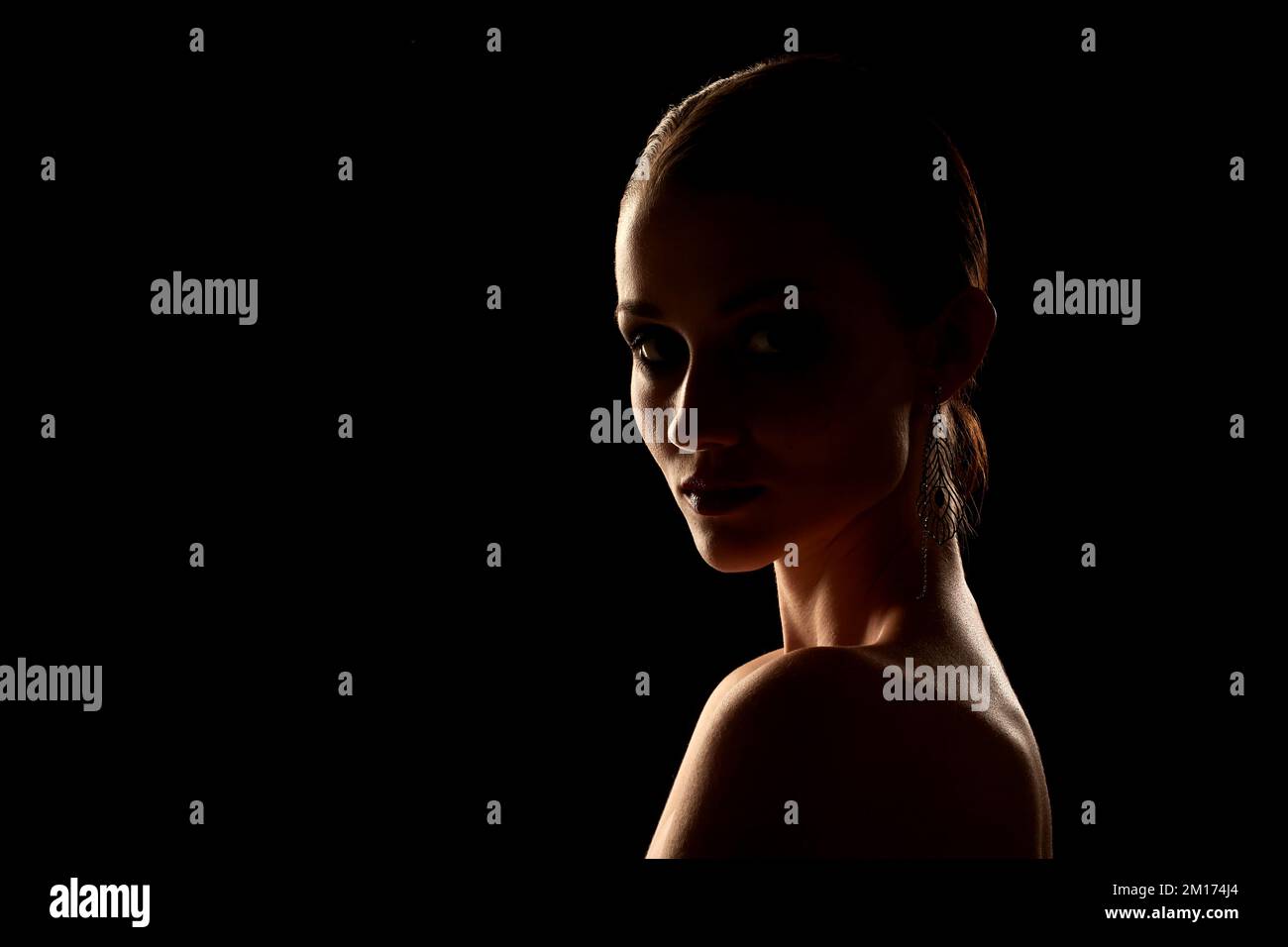 beautiful woman profile silhouette on back background with copy space ...