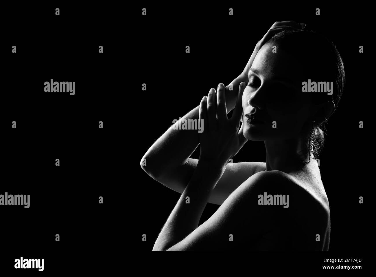 beautiful woman profile silhouette on back background with copy space ...
