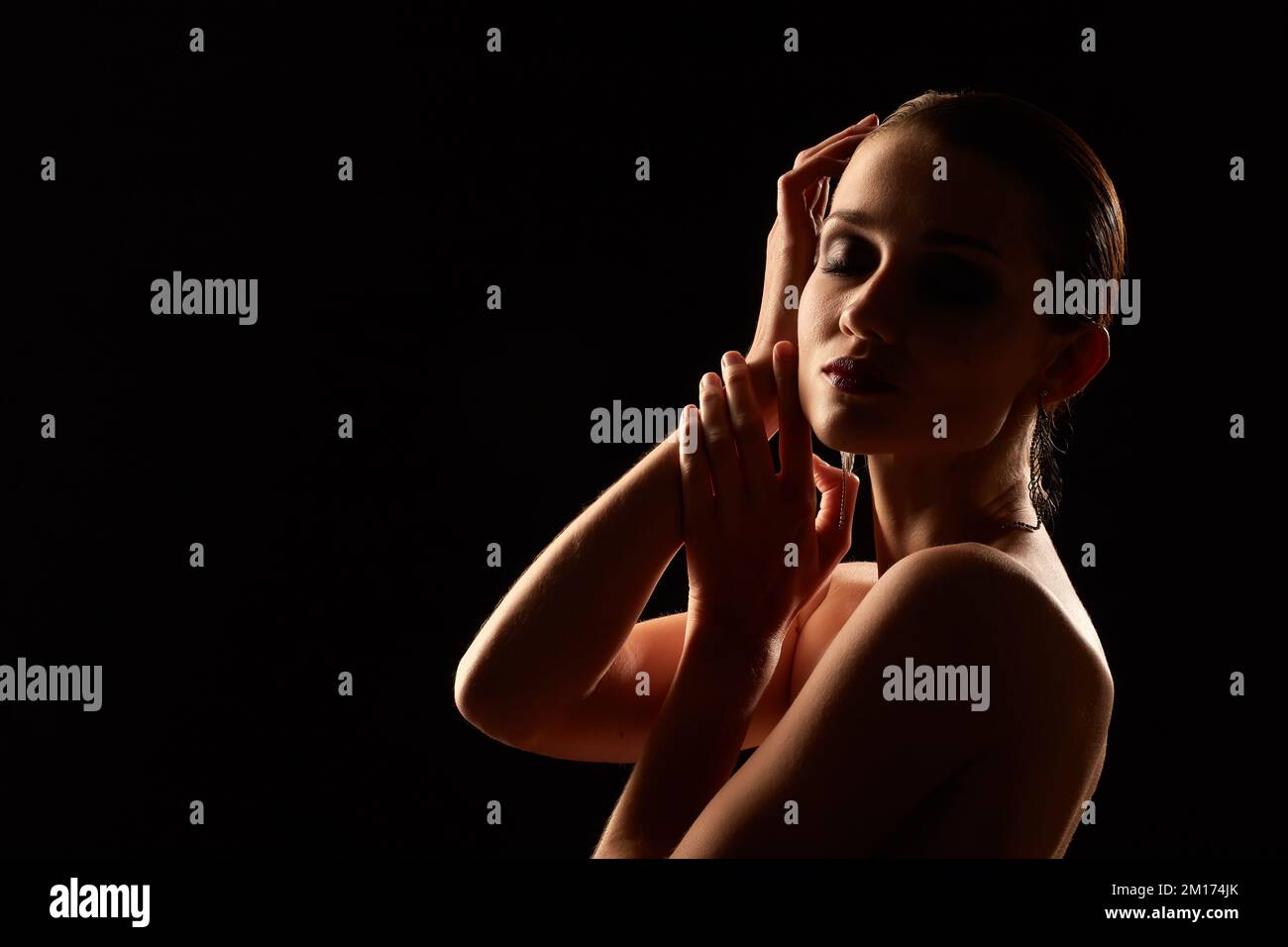 beautiful woman profile silhouette on back background with copy space ...