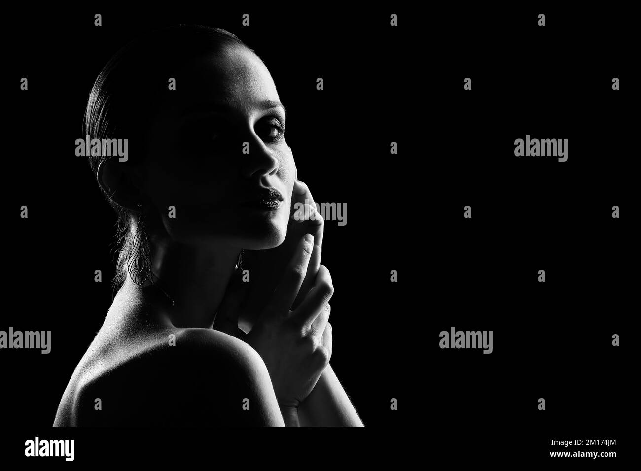 beautiful woman profile silhouette on back background with copy space ...