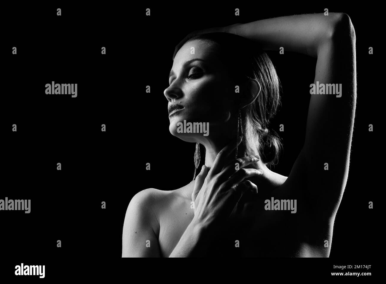 beautiful woman profile silhouette on back background with copy space ...