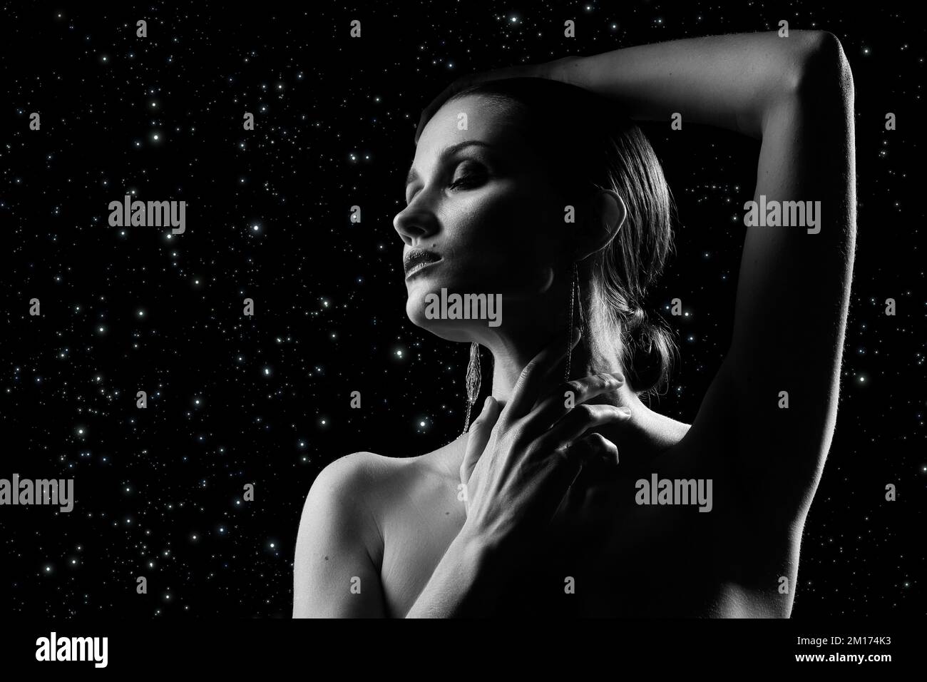 beautiful woman profile silhouette on stars background with copy space ...