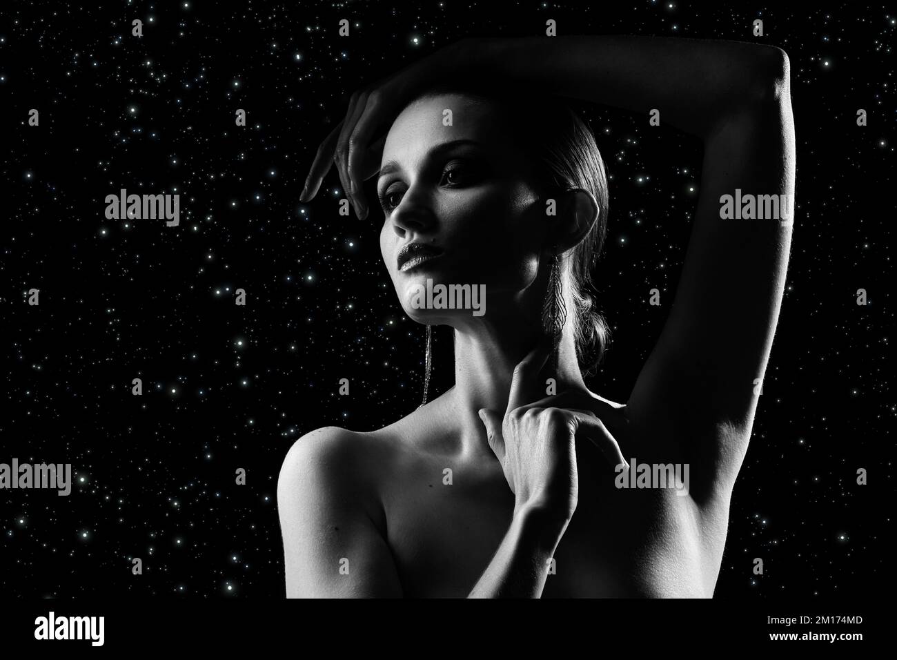 beautiful woman profile silhouette on stars background with copy space ...