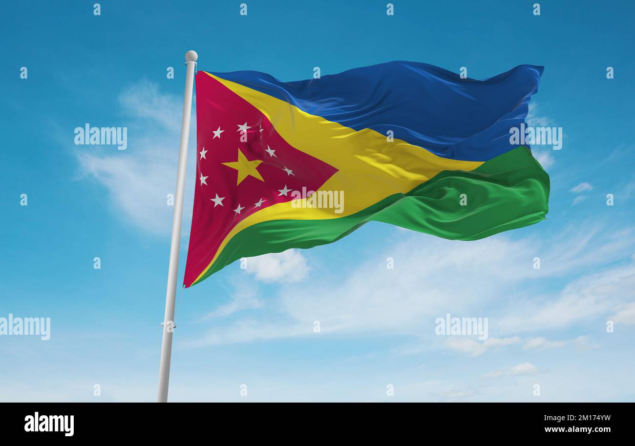 official flag of Moca untied states of America at cloudy sky background ...