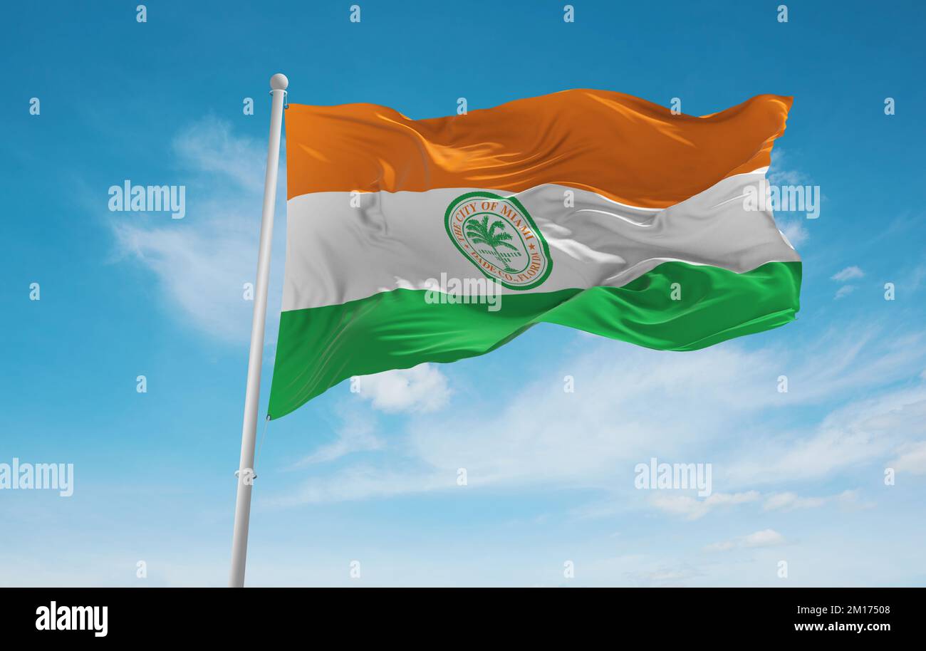 official flag of Miami, Florida untied states of America at cloudy sky ...