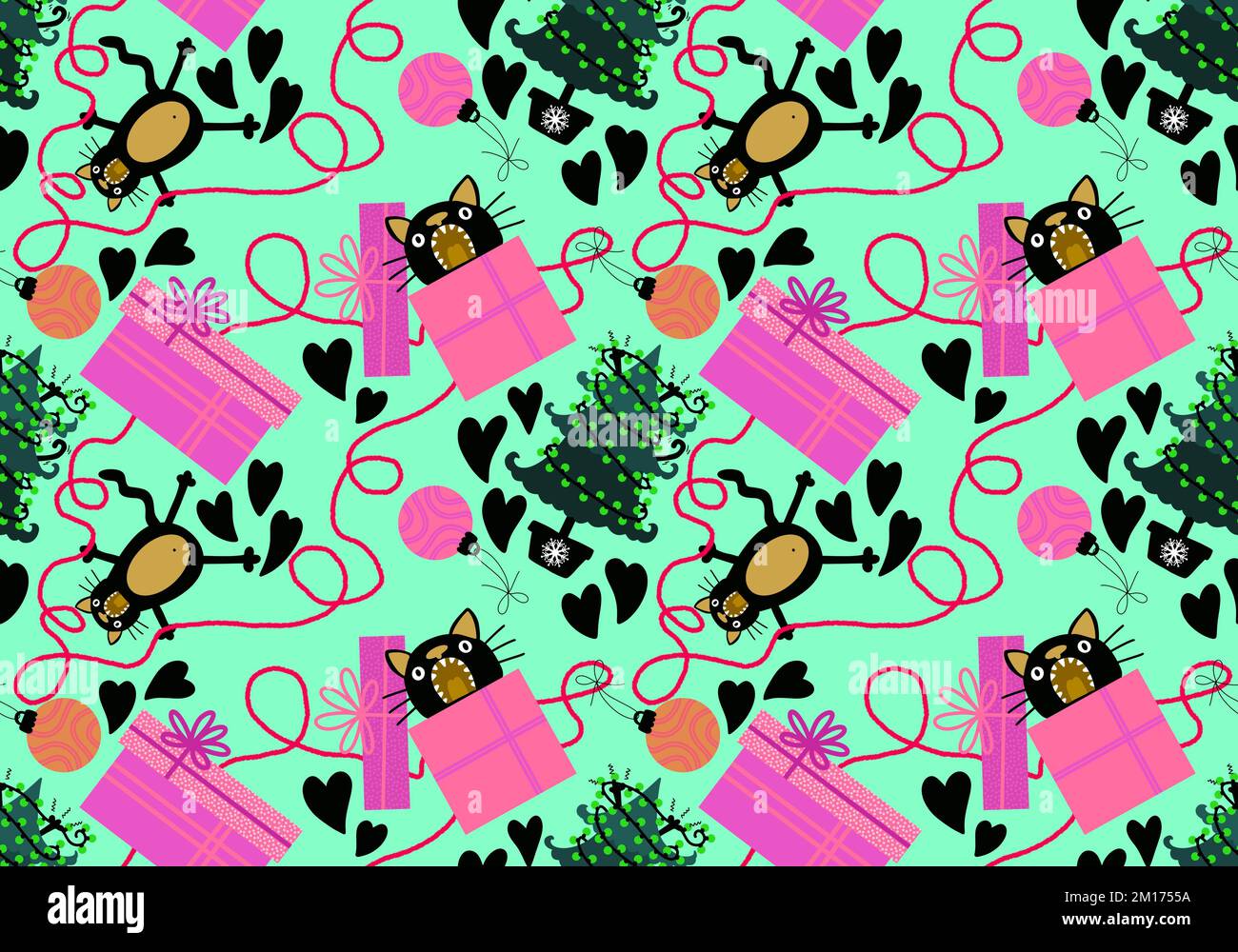Cartoon funny cats seamless Christmas tree pattern for wrapping paper ...