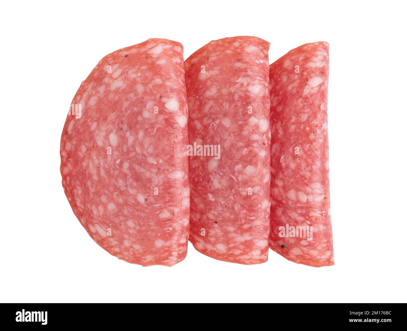 salami sausage slices isolated on white background, three pieces of sliced salami sausage laid ...