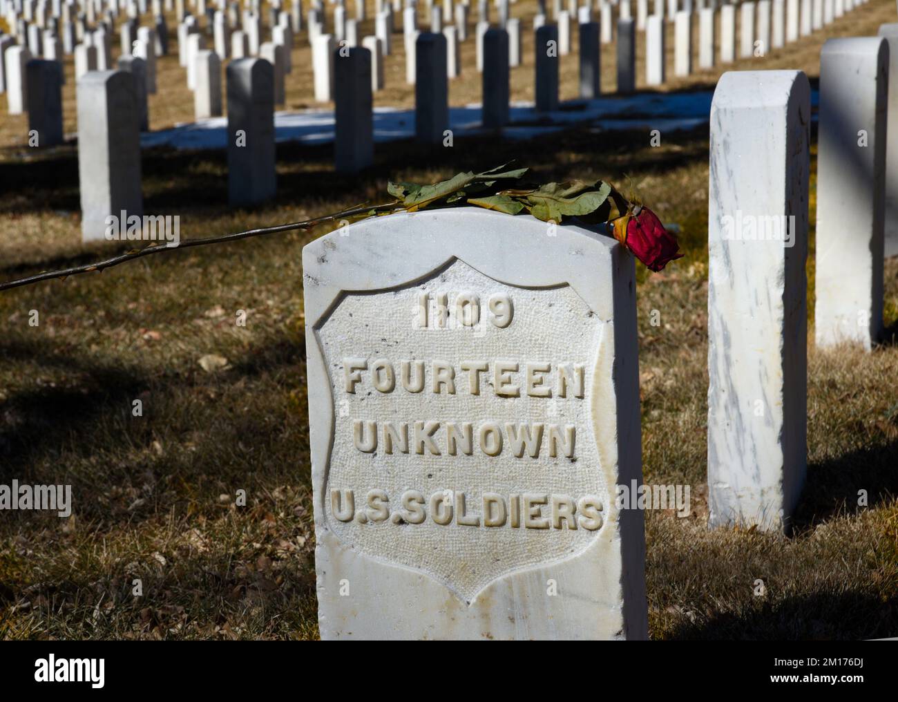 A tombstone in the Santa Fe National Cemetery in New Mexico marks the ...