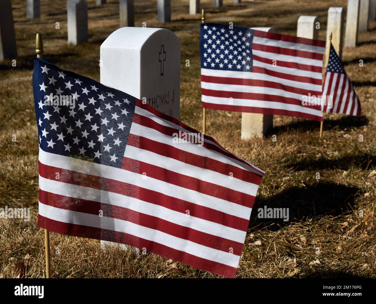 Small American flags fly beside the graves of US military veterans ...