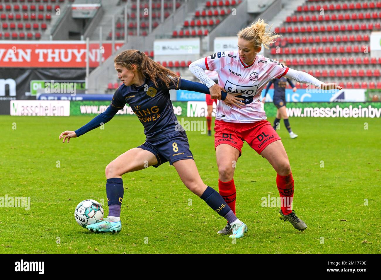 Marie Detruyer (8) of OHL and Amber Bert (10) of Zulte-Waregem pictured ...