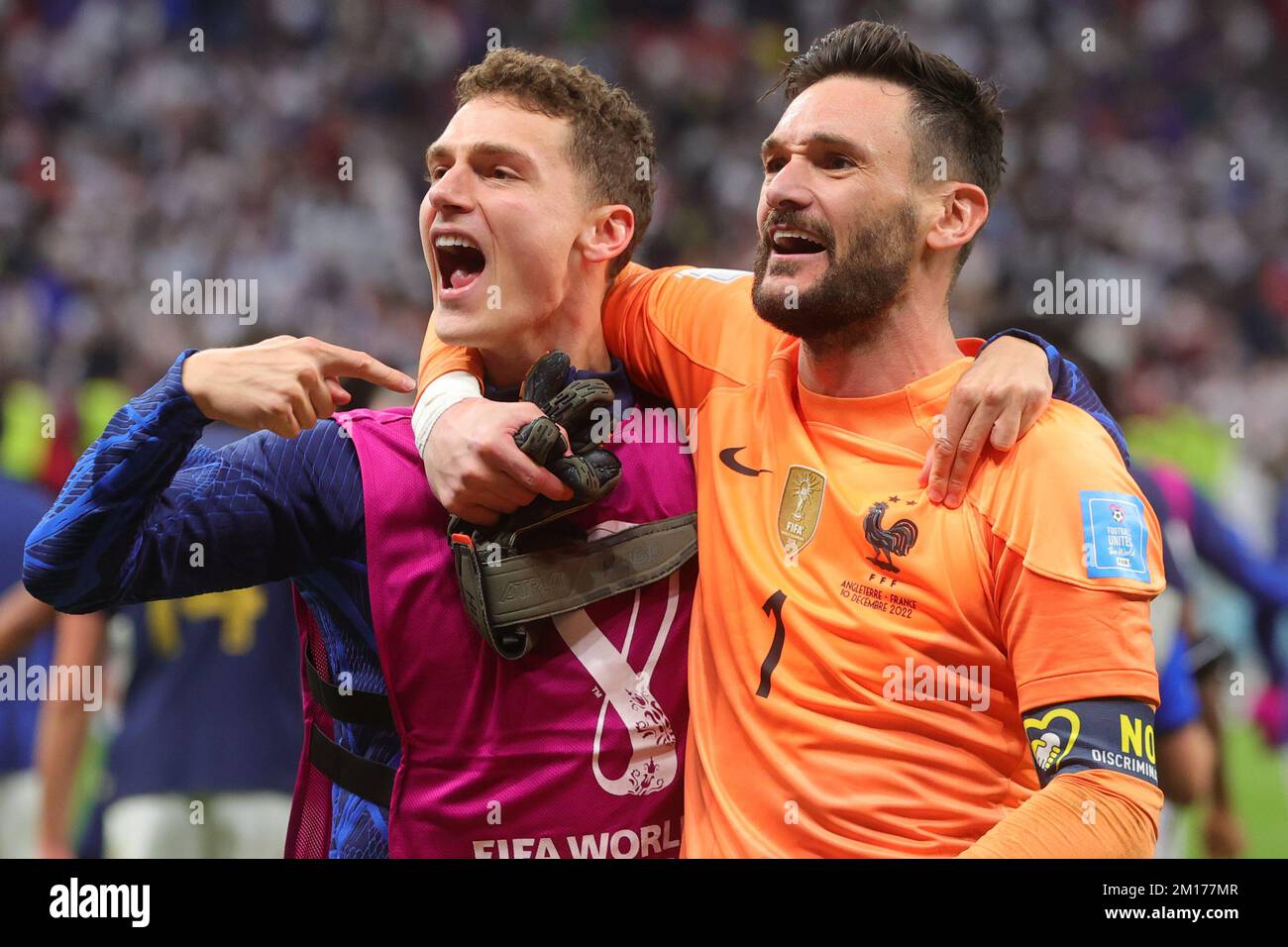 Al Khor, Qatar. 11th Dec, 2022. Benjamin Pavard of France points to ...