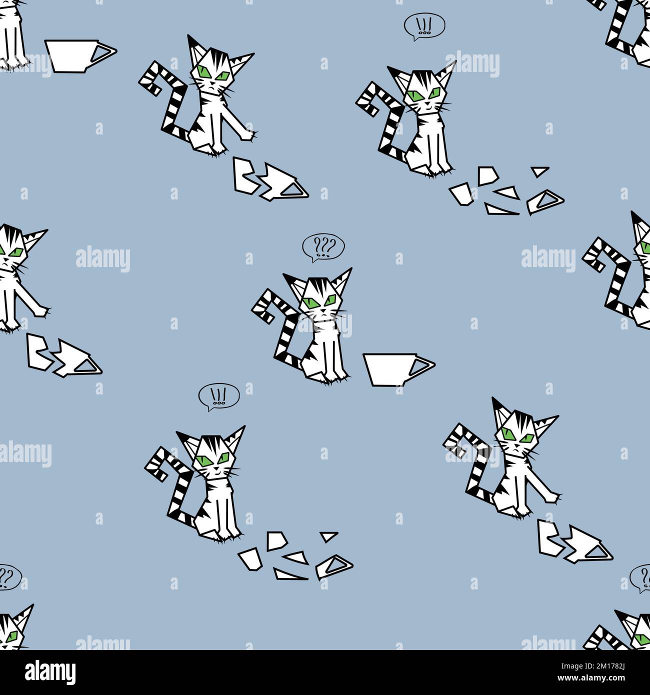 Angry cartoon cat and broken cup, seamless vector pattern Stock Vector ...