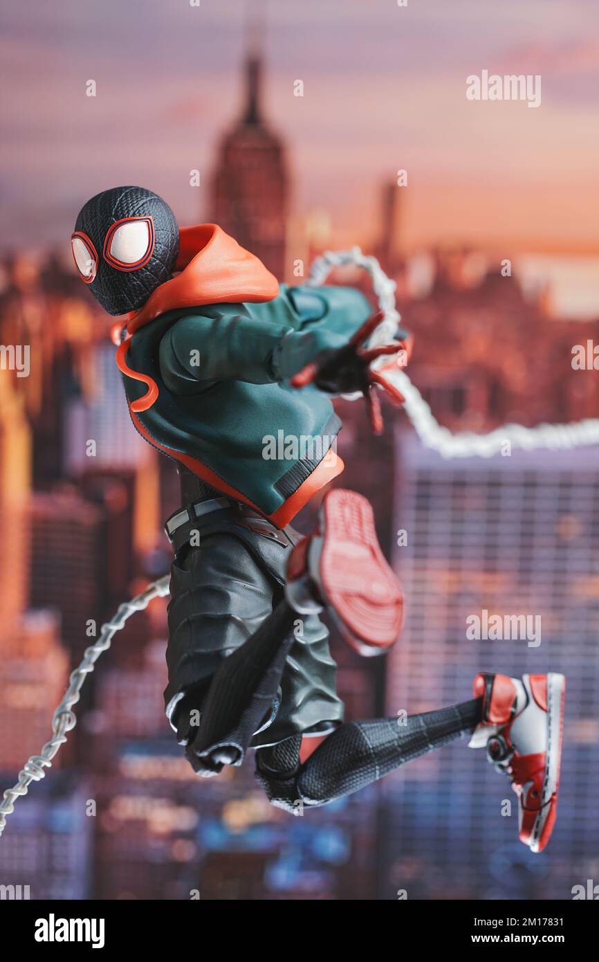 The Spider-Man Miles Morales Jump above the city Stock Photo - Alamy