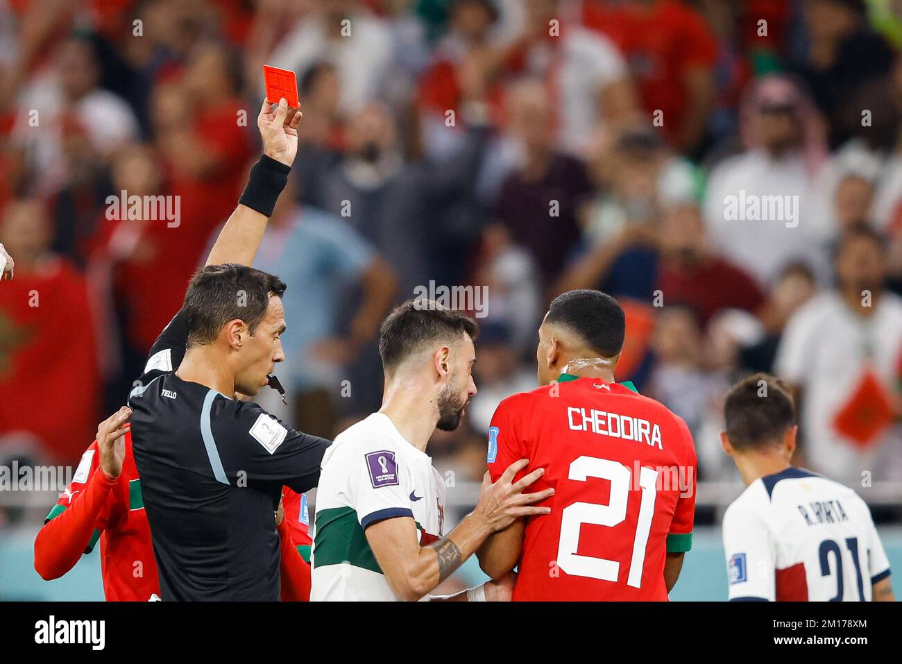 Doha, Qatar. 10th Dec, 2022. CHEDDIRA Walid of Morocco receives the red ...