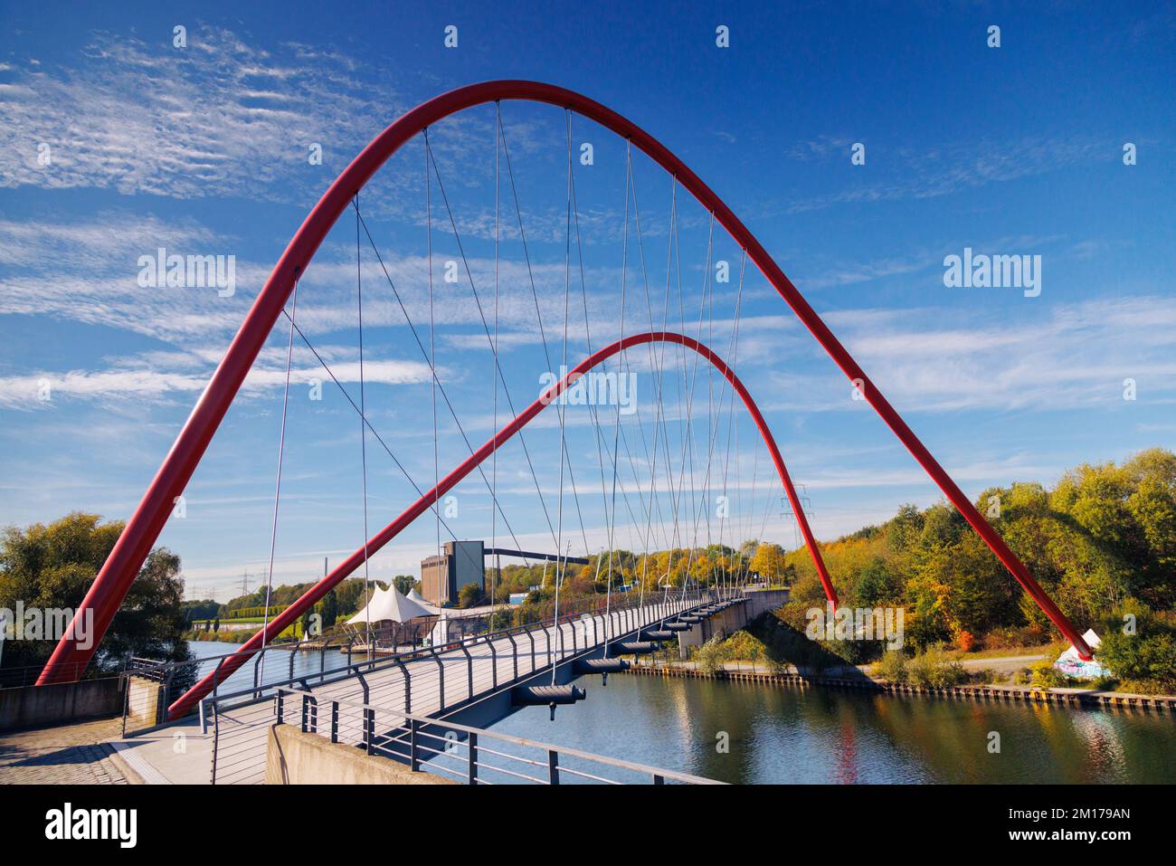 Wide view of beautiful red bridge to the Nordstern Park ...