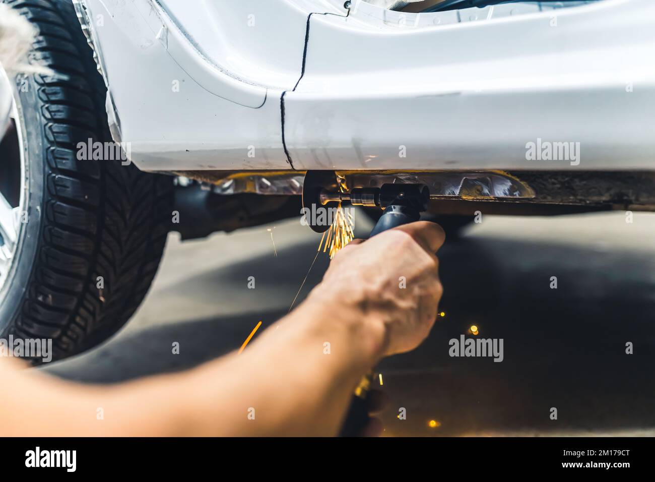 Equipment needed in mechanical work. Car repair process. Low angle ...