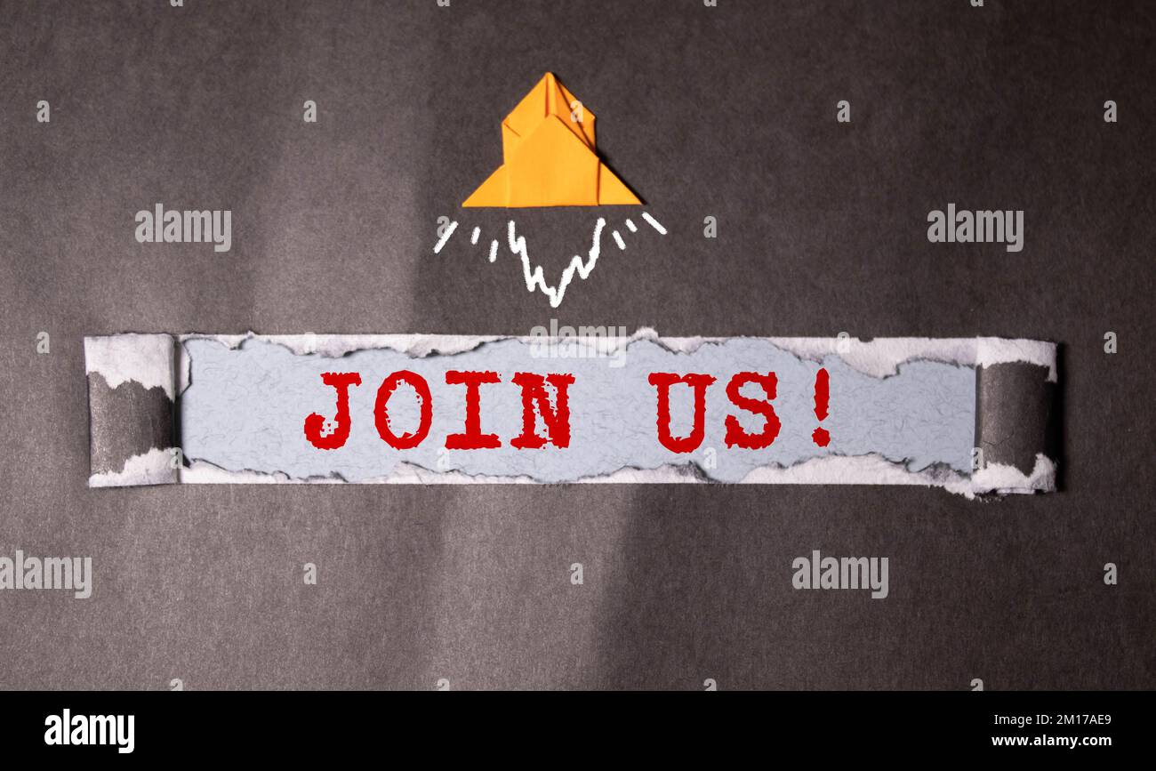 Join us - message appearing behind torn blue paper. Hiring and new job ...