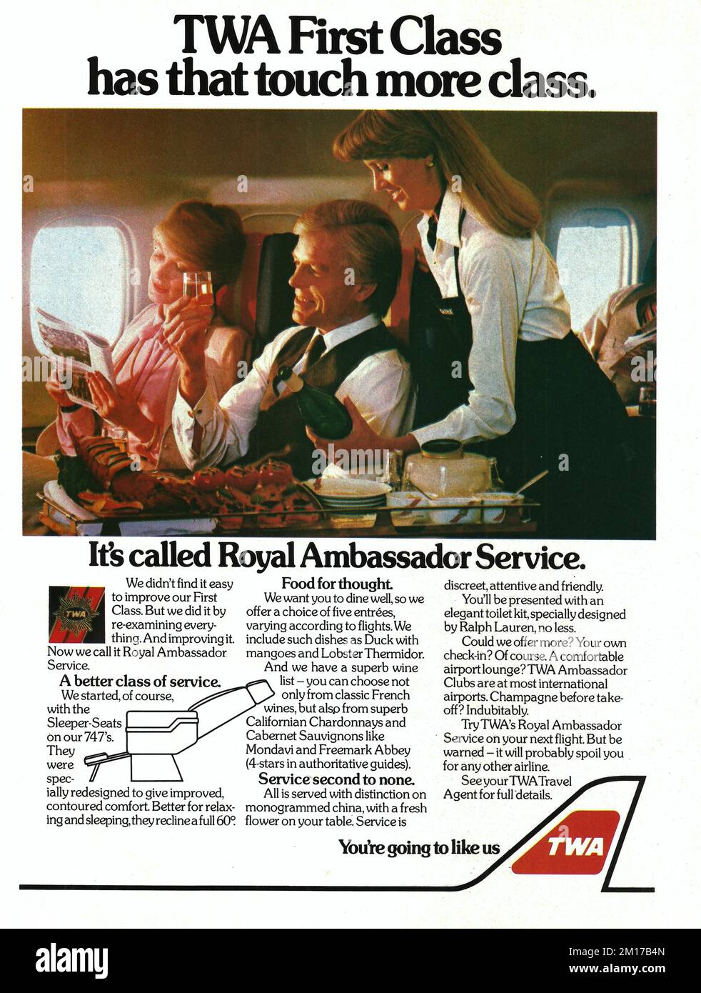 TWA vintage magazine advertisement TWA Ambassador Class advert Stock ...