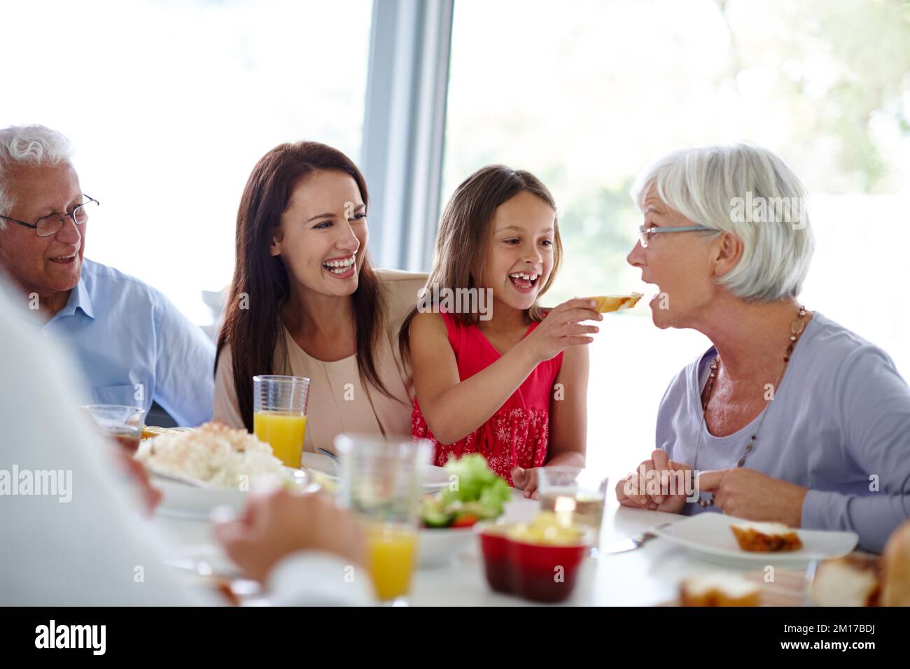 Food tastes better when you eat it with family. Shot of a happy multi ...