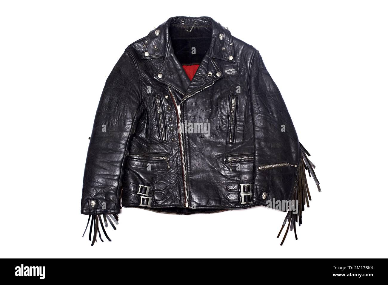 Vintage black leather biker jacket, isolated on white background Stock ...