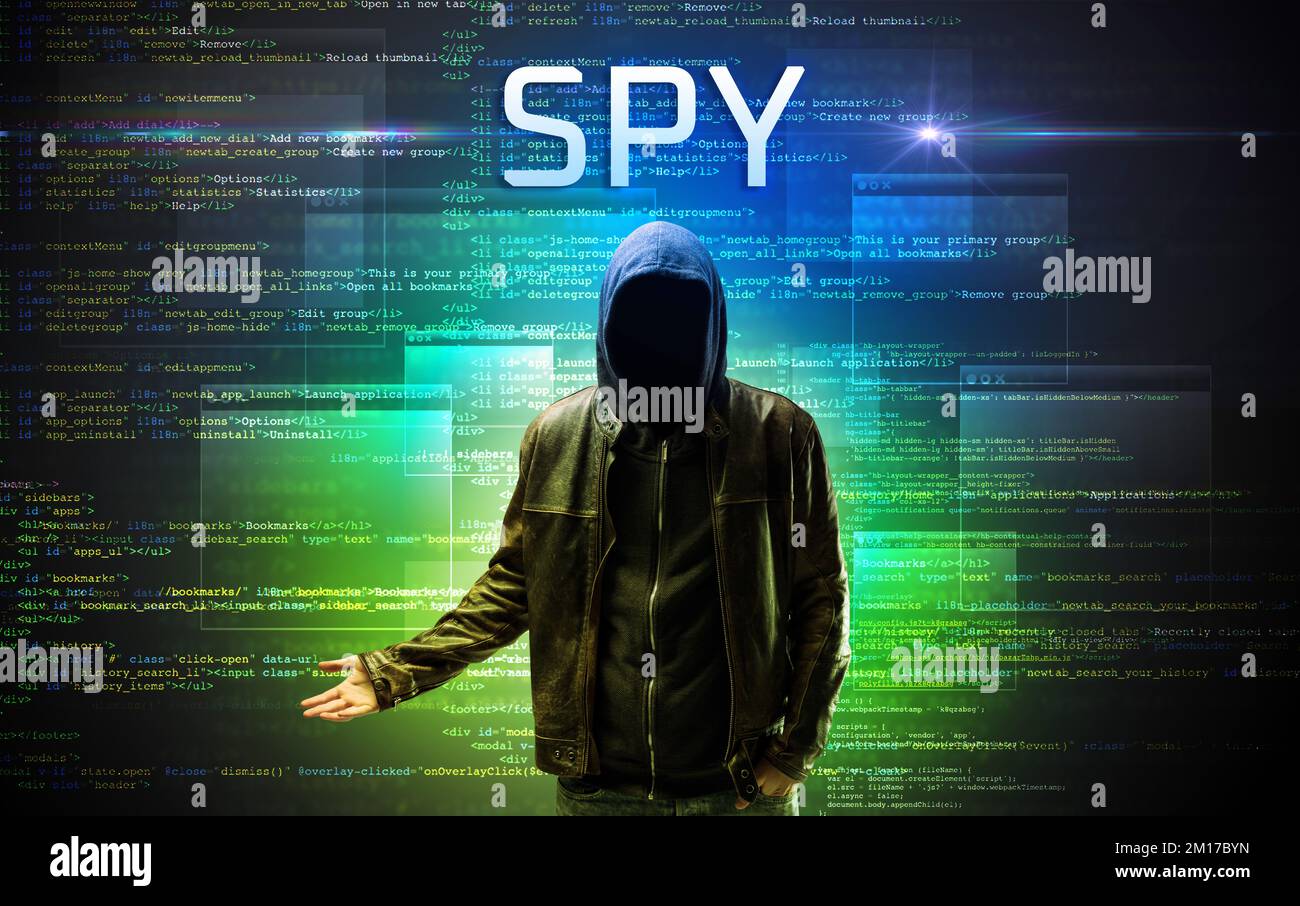 Faceless hacker with SPY inscription on a binary code background Stock ...