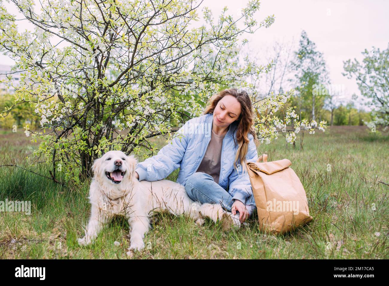 Young beautiful woman and her golden retriever dog having fun in spring ...