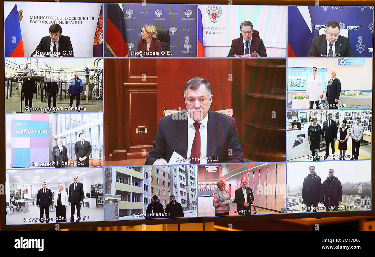 Russian President Vladimir Putin conducts a teleconference from his ...