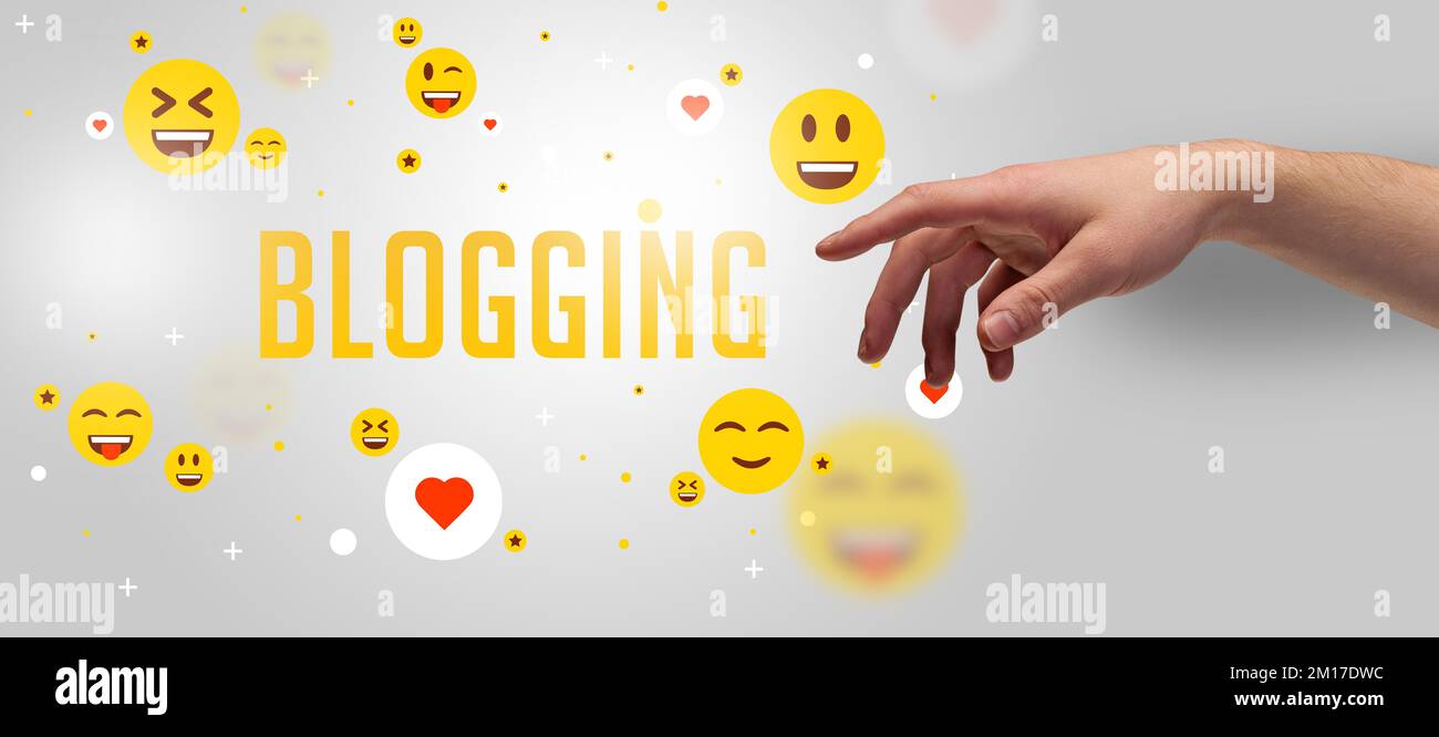 Close-Up of cropped hand pointing at social media concept Stock Photo ...