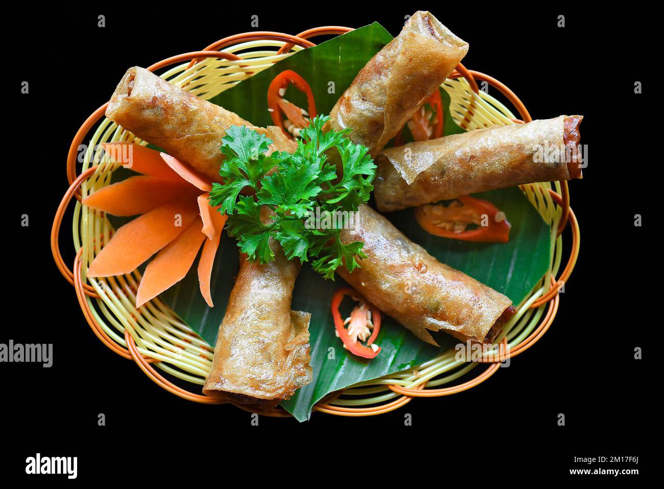 Traditional fried vietnamese spring rolls with pork, rice paper on ...