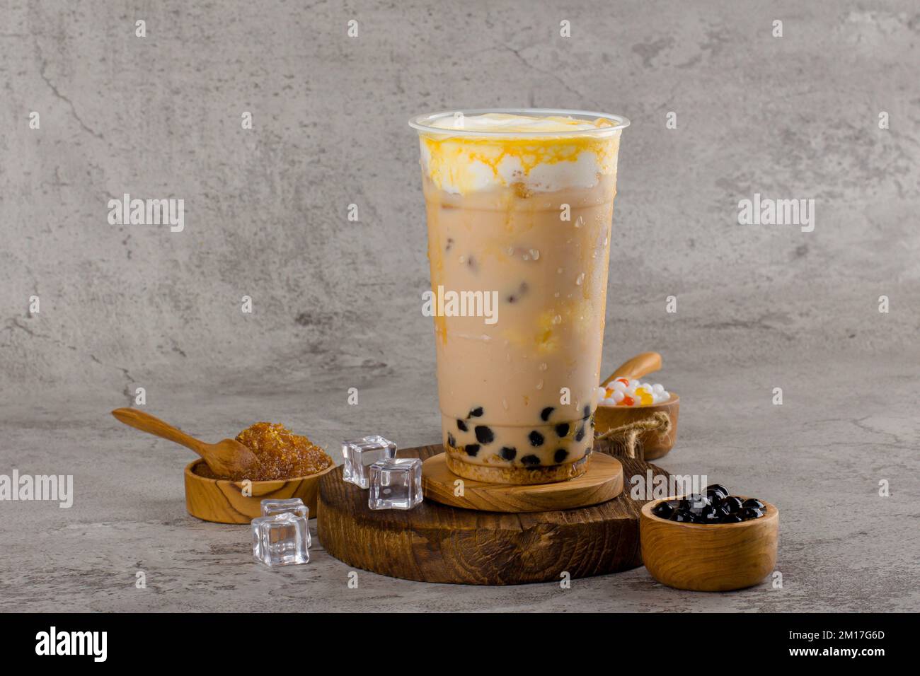 Boba or tapioca pearls is taiwan bubble milk tea in plastic cup with ...