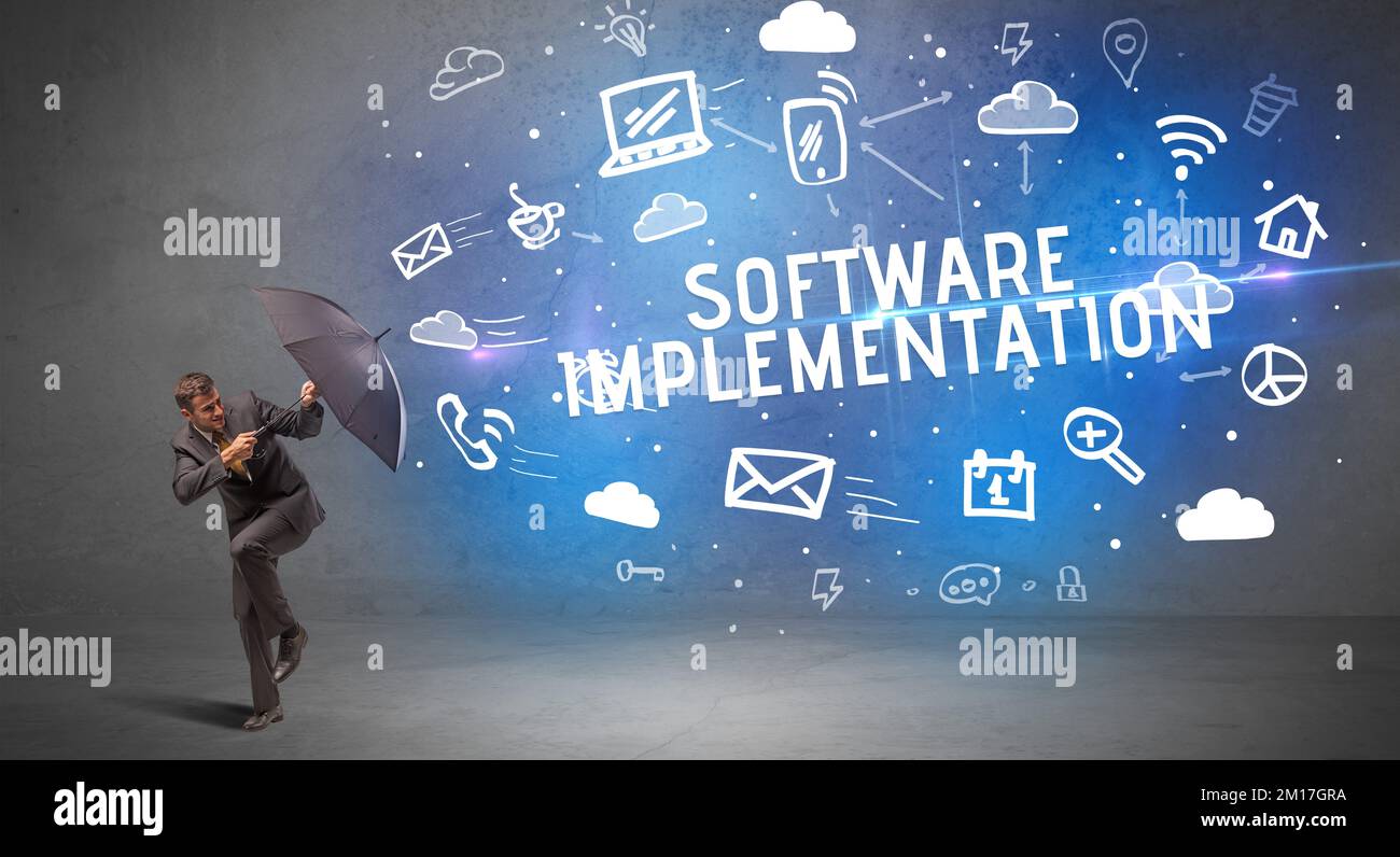 Businessman defending with umbrella, modern technology concept Stock ...