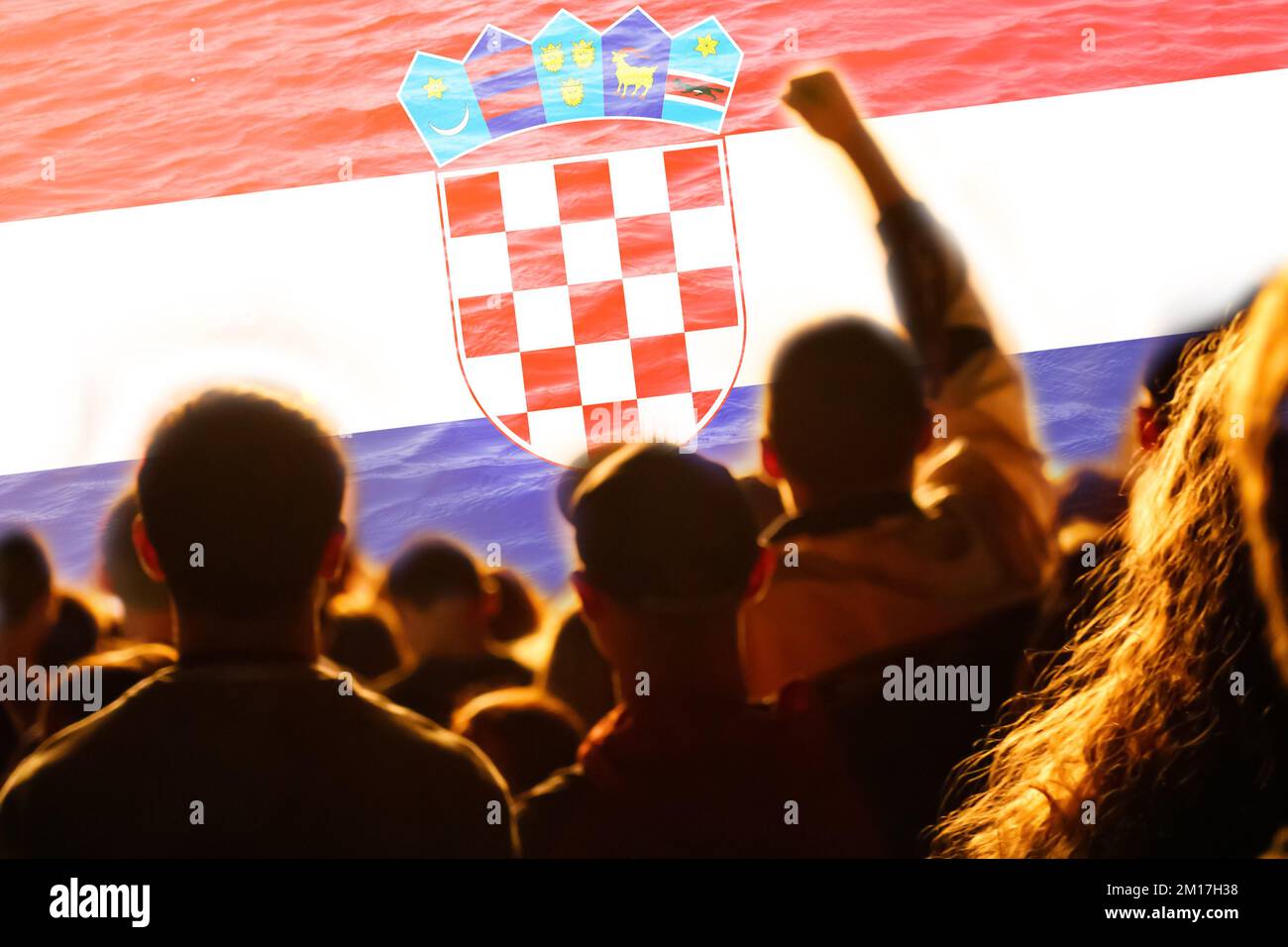 Defocus Croatia football team. supporters on stadium. Croatia flag and ...