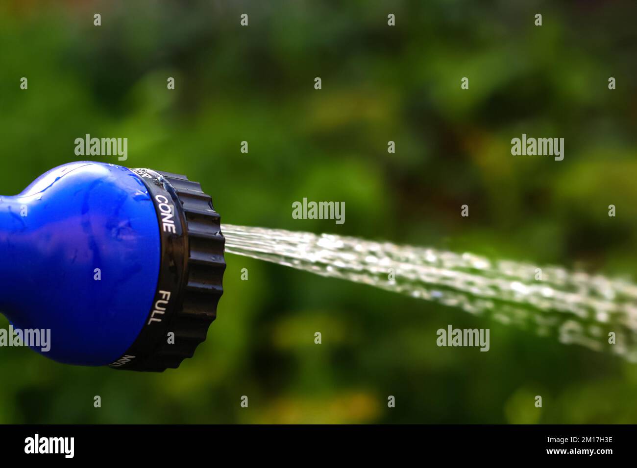 Defocus closeup water garden. Female hand holding blue automatic ...