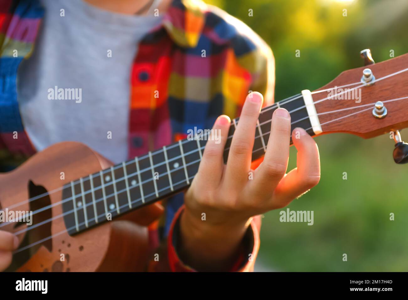 Defocus woman is learning to play the ukulele. Girl tunes a miniature ...