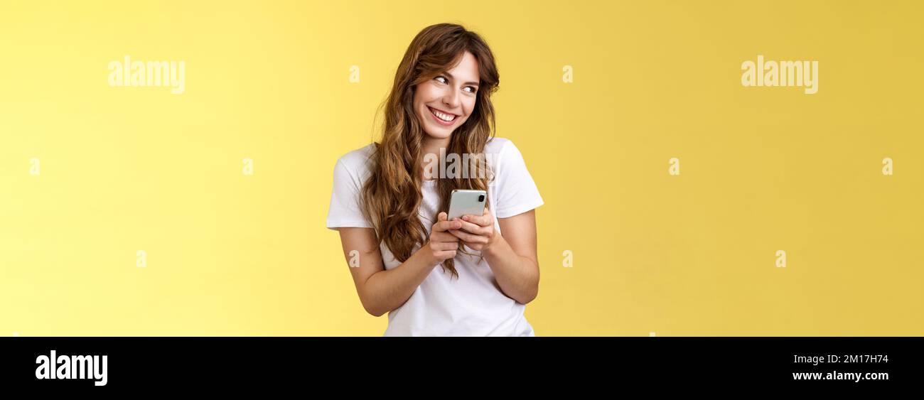 Lovely silly cute flirty girl texting receive romantic lovely gesture ...