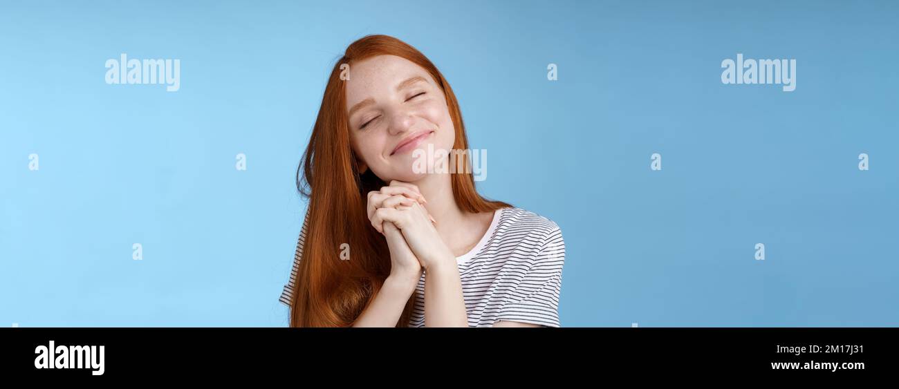 Charming delighted happy dreamy redhead girlfriend ginger long hair ...