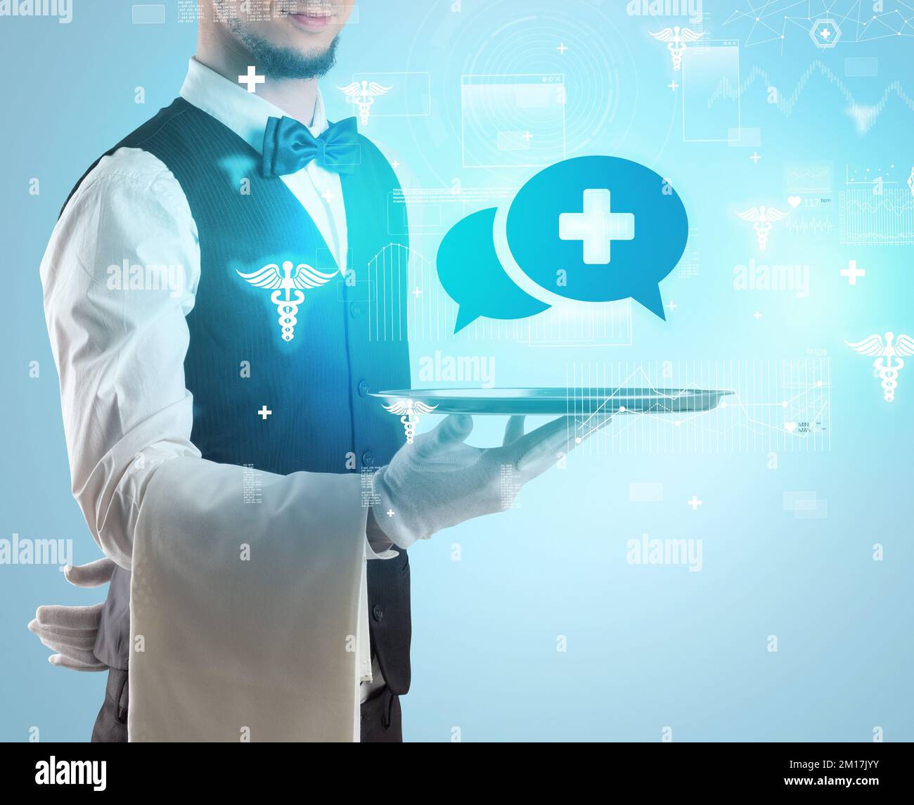 Handsome young waiter in tuxedo holding healthcare icons on tray Stock ...