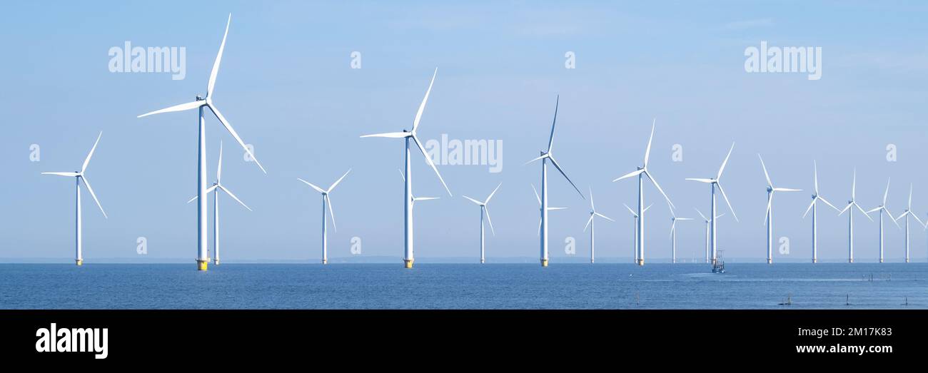 Panorama banner with Windmill park with windmills turbines huge wind ...