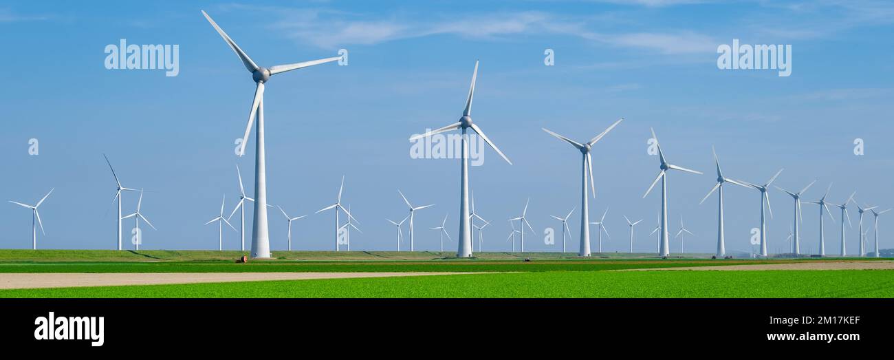 Panorama banner with Windmill park with windmills turbines huge wind ...