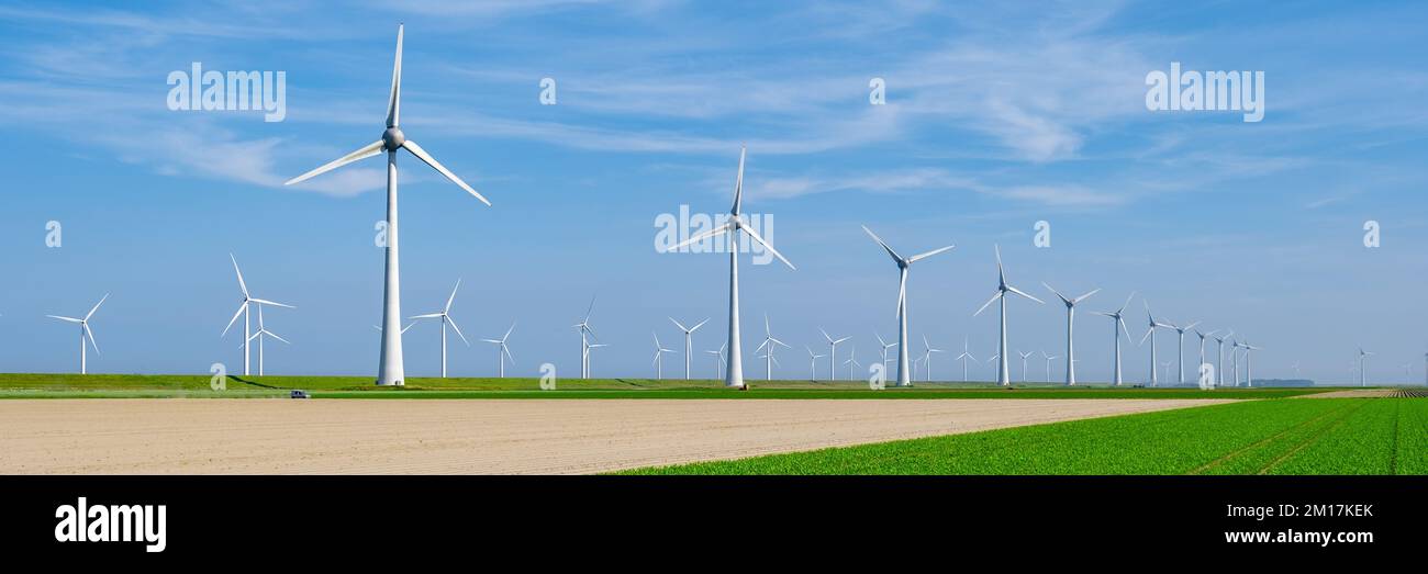 Panorama banner with Windmill park with windmills turbines huge wind ...
