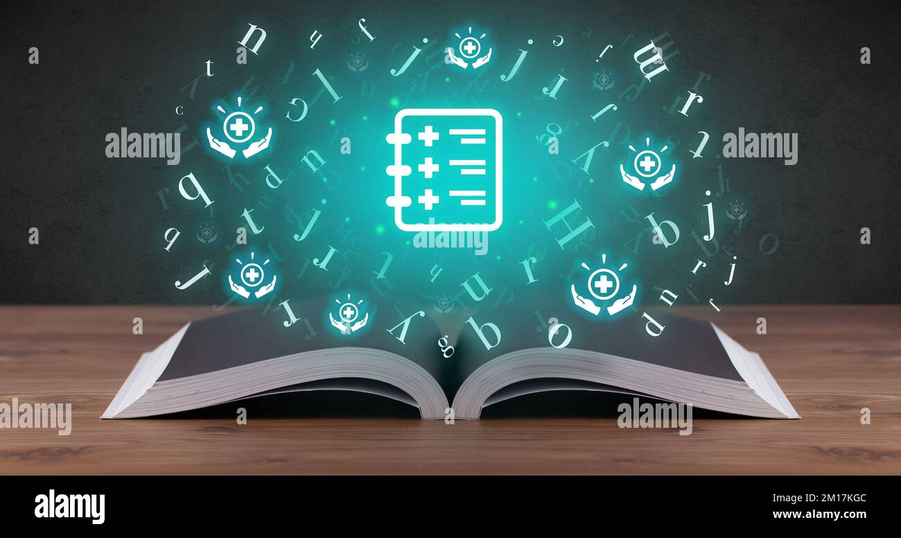 Open medical book with health icons above Stock Photo - Alamy