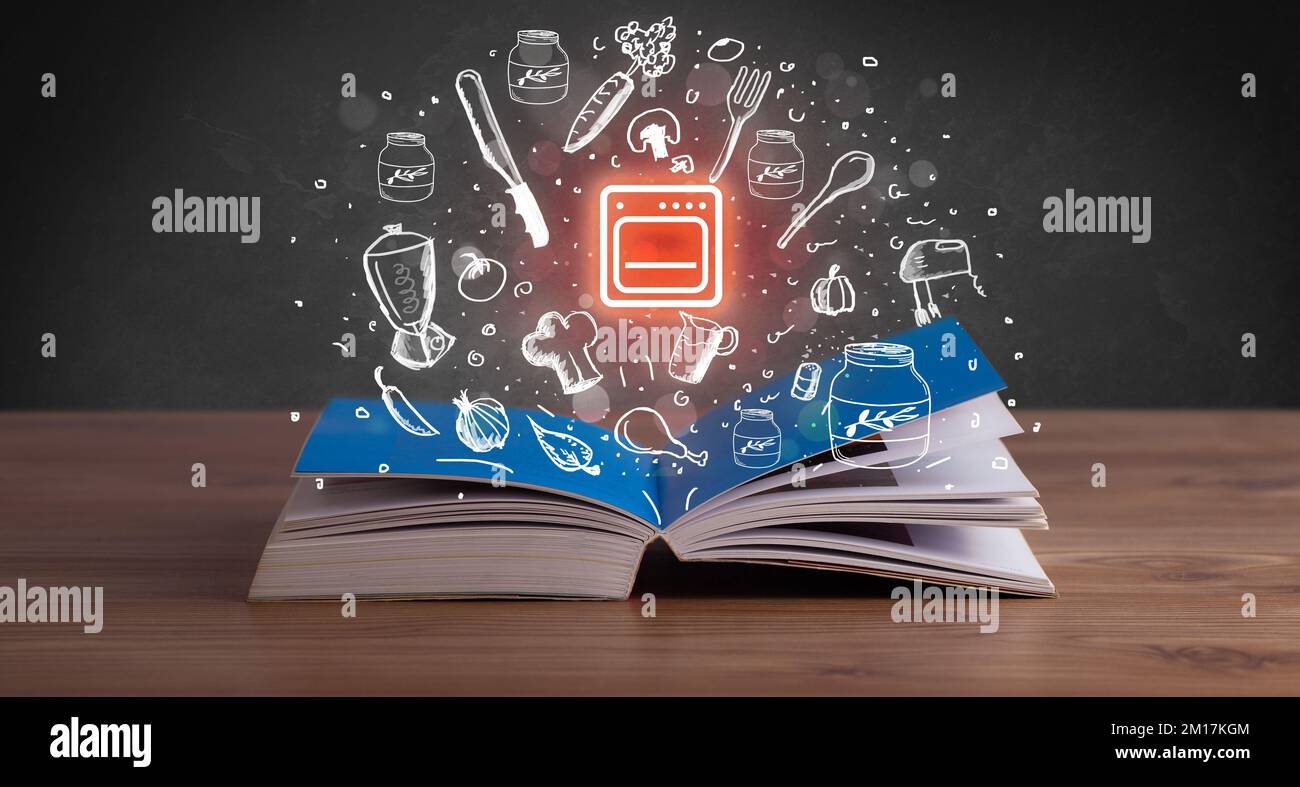 Open recipe book with food related icons above Stock Photo - Alamy