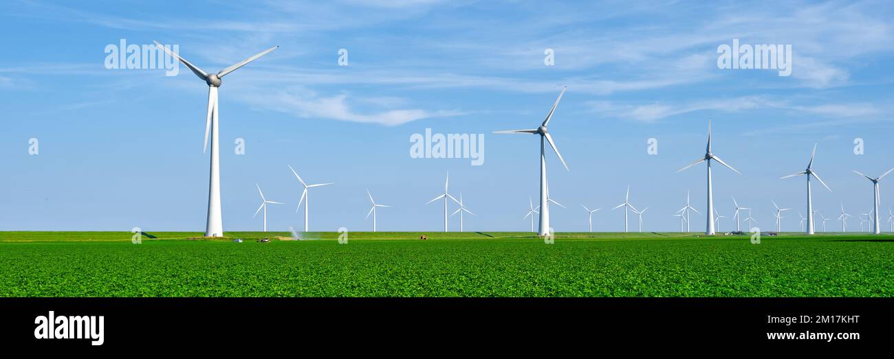 Panorama banner with Windmill park with windmills turbines huge wind ...