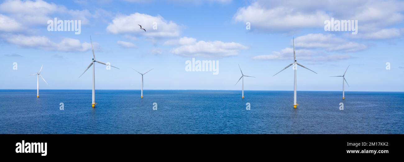 Panorama banner with Windmill park with windmills turbines huge wind ...